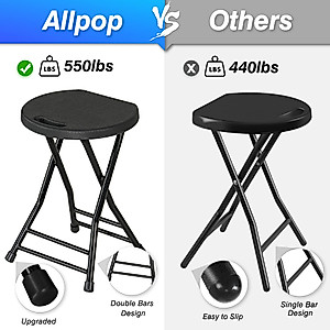 Allpop 2 Pack Folding Stool 18 Inch, Foldable Stool Chair Set of 2, 550lbs Capacity, Portable Round Bar Stool with Handle for Adults Kitchen Garden, Black