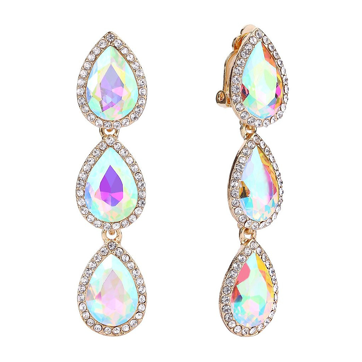 EleQueen Women's Gold-tone Austrian Crystal Teardrop Pear Shape 2.4 Inch Long Clip-on Dangle Earrings Iridescent AB