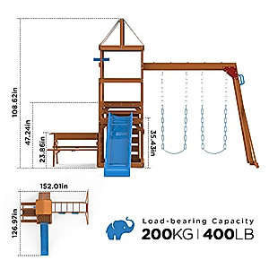 Dolphin Playground Cedar Wooden Swing Sets for Backyard, Outdoor Playset for Kids with Monkey Bar, 2 in 1 Outdoor Table, Wave Slide, Climbing Wall, and 2 Belt Swings, Playground Sets for Backyards