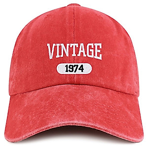 Trendy Apparel Shop Vintage 1974 Embroidered 50th Birthday Soft Crown Washed Cotton Cap - Red