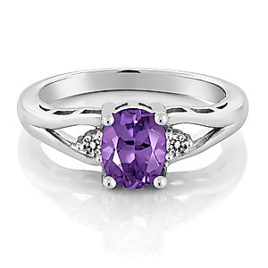 Gem Stone King 925 Sterling Silver Purple Amethyst and White Diamond 3 Stone Engagement Ring For Women | 1.16 Cttw | Oval 8X6MM | Round 2MM | Gemstone February Birthstone | Size 7