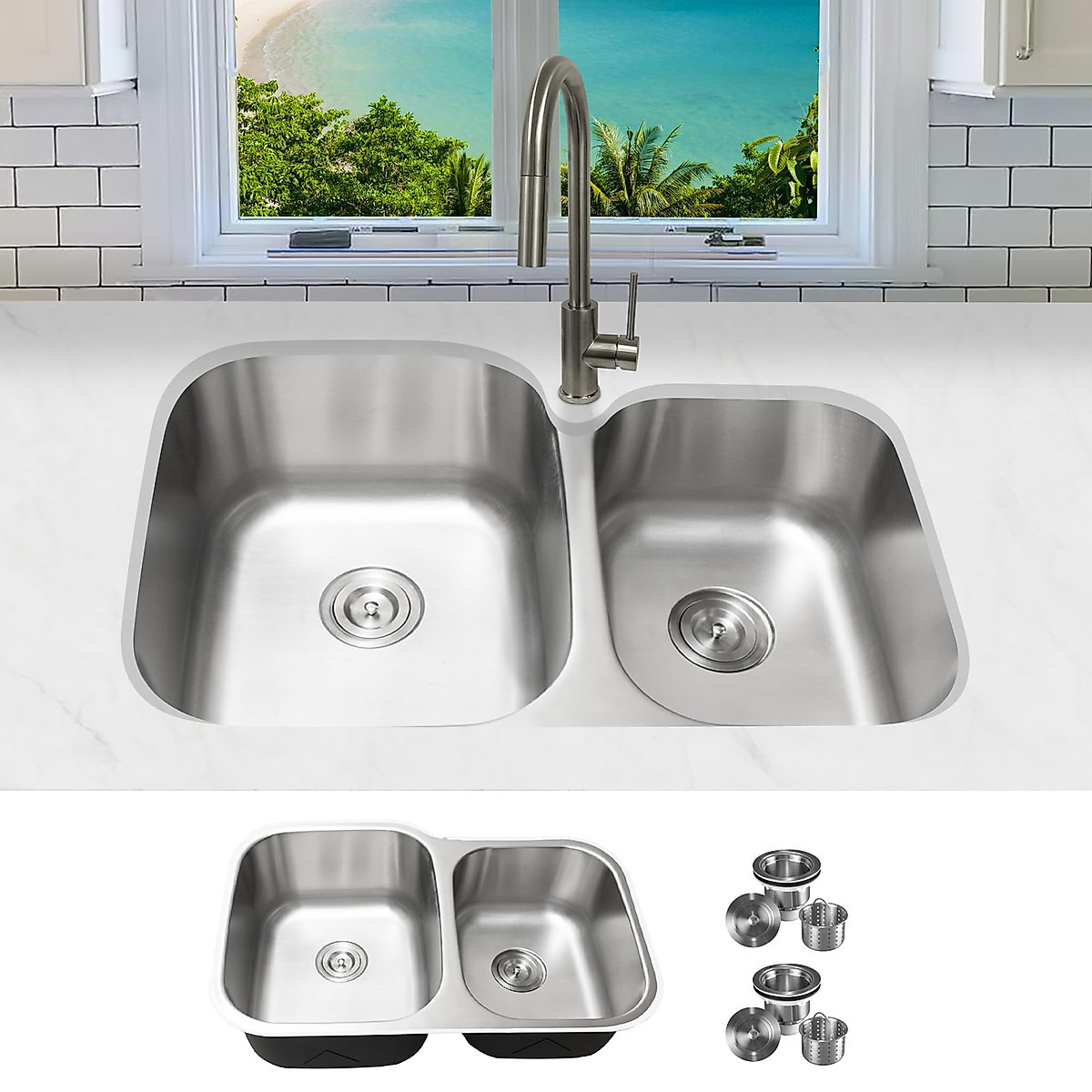 KABCO 32 Inch Stainless Steel 60/40 Double Unequal Bowl Classic Kitchen Sink, Extra Thick 16 Gauge Undermount Rust, Sound and Heatproof Sink with Sink Strainer and Removable Garbage Basket