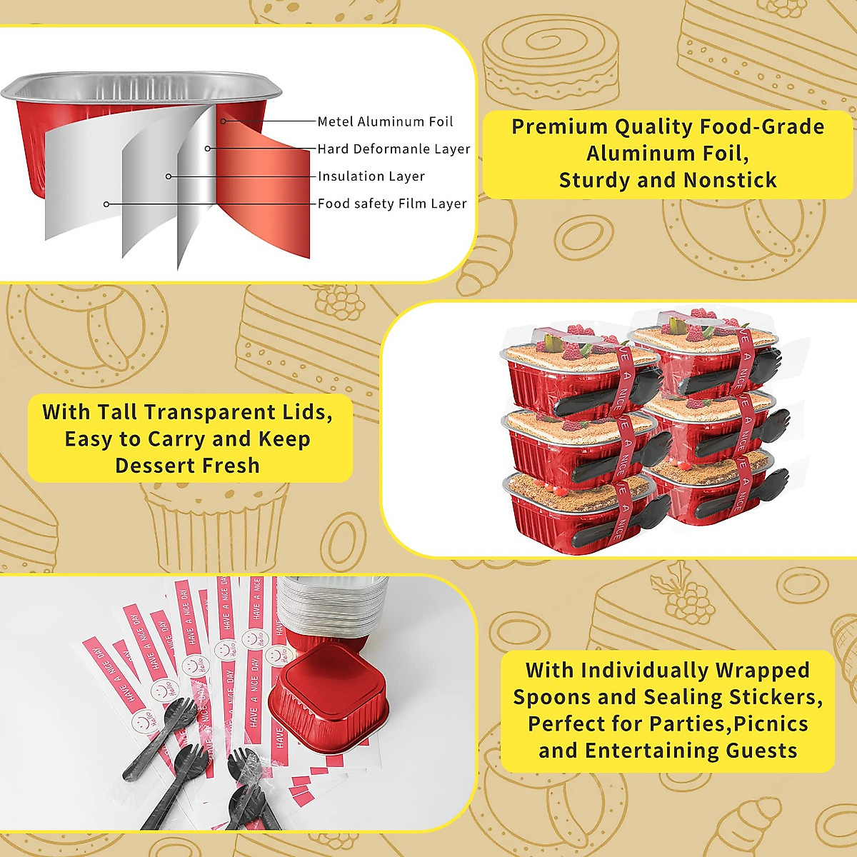 HEYYUMI 10oz Aluminum Foil Brownie Pans with Lids, 40 Pack Square Cake Pans, Disposable Ramekins Cupcake Cups Containers,Mini Cake Baking Pans,Large Muffin Tin Holder for Catering Gathering - Red