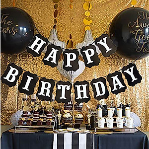 Large Black Happy Birthday Banner, Happy Birthday Bunting Sign with White Letters, Happy Birthday Decorations for Boys Women Men