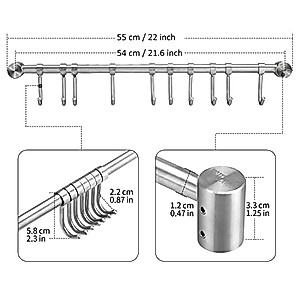 WSTECHCO 2 pcs 22 Inch Hanger Rods Hanging Bars With 10 Hooks, for Kitchen Utensils Pots and Pans, Towel Hanging Rails, Staineless Steel 304, For Hang Up Coat Bag Umbrella Hat Keys Scarf