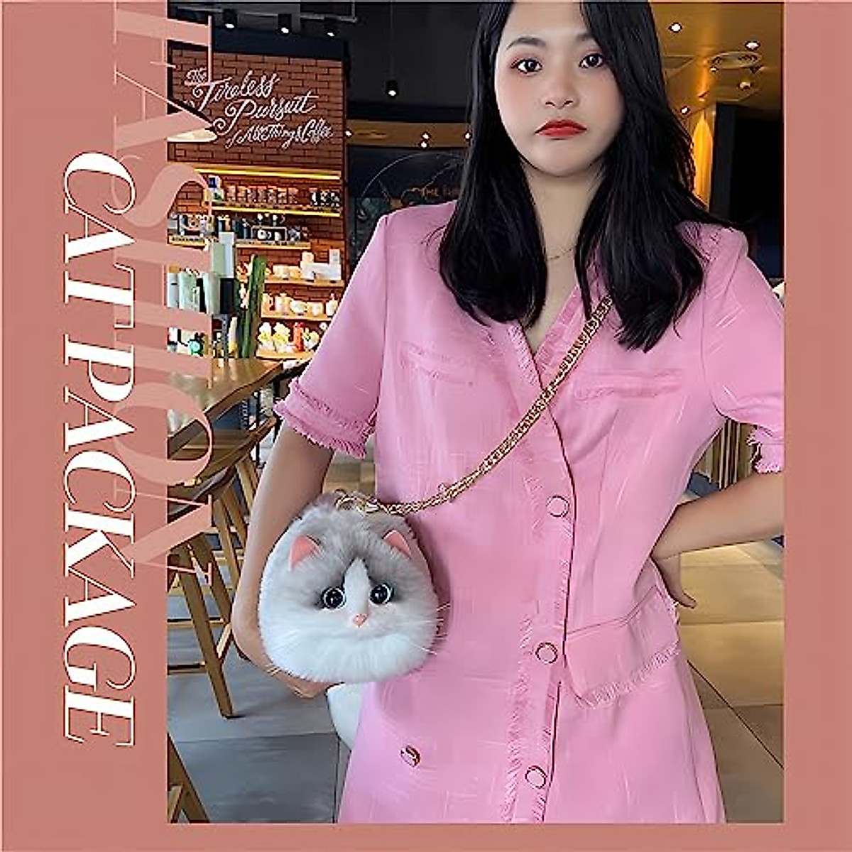 HUIJUFU Realistic Puffy Plush Cat Shaped Crossbody Handbag for Women（White gray）