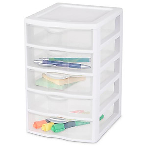 5 Unit Plastic Shelves Drawer Organizer Shelving Storage Set Solution Stackable With Clear Drawer Handles for Home Office School Kids Cabinets Dresser Makeup Accessory Utility Tool -White/Clear (2)