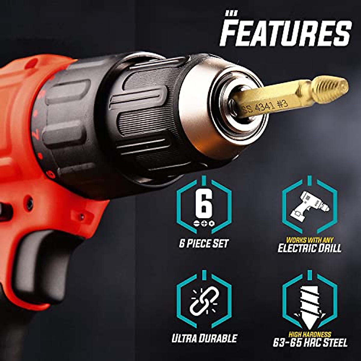 Damaged Screw Extractor - Remover for Stripped Head Screws Nuts & Bolts | ‎6 Piece Titanium Drill Bit Tools for Easy Removal of Rusty & Broken Hardware | High Speed Steel | Superb Gift for Men