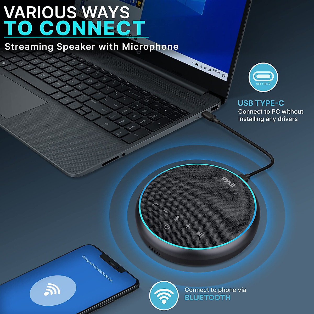 PyleUsa Conference Speaker Bluetooth Speakerphone - Multipurpose Conference & Streaming Speaker,Noise Canceling Swiss Immersive Crisp Voice Pickup for Office,Travel,Home, w/USB-C,Aux Cables - PSCN42
