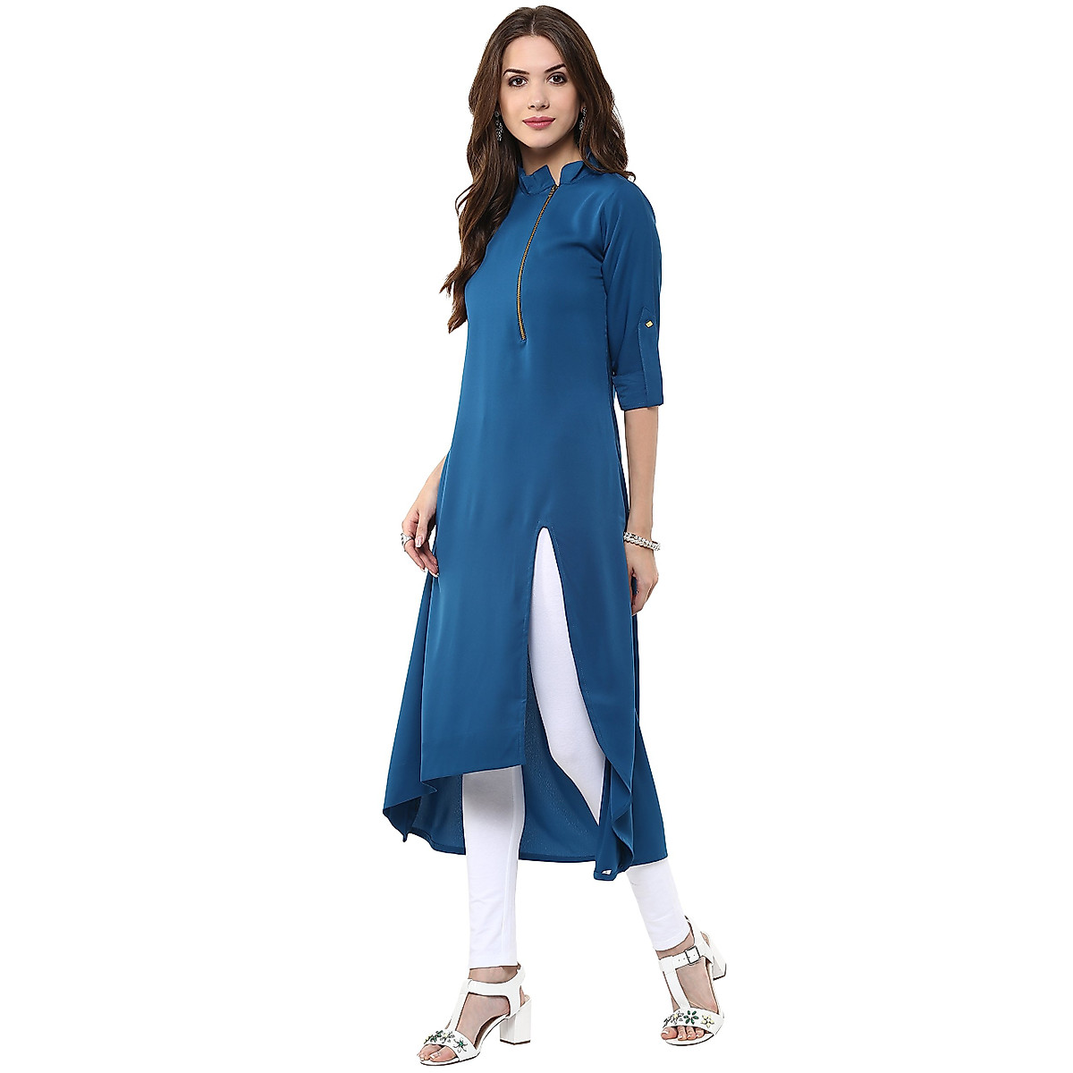 Janasya Women's Crepe Kurti Tunic Tops,Blue,Large,Blue,Large