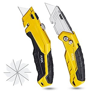 KATA 2Pack Utility Knife Box Cutter Retractable Folding Razor Knife Set Heavy Dudy Safety Cutter, 10pcs SK5 Sharp Blades Included, Yellow