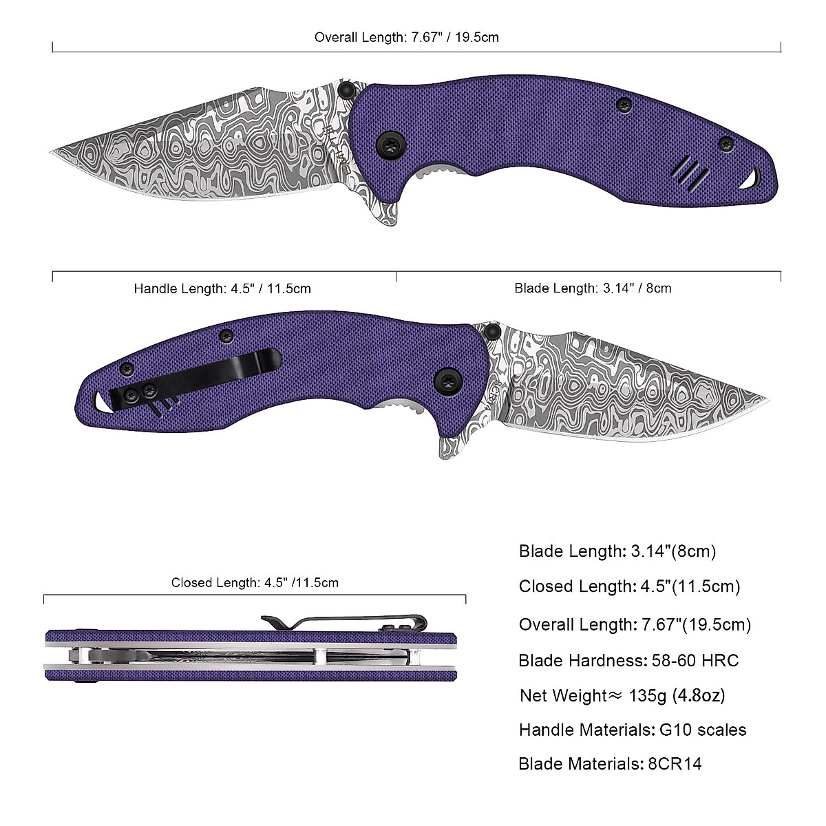 EMHTiii Pocket Folder Folding Knife: 3.14" Stainless Steel Blade, G10 Scales, Thumb Stud Liner Lock, EDC Knives for Outdoor Survival, Great Gifts for Men Women, EMH12 (Purple)