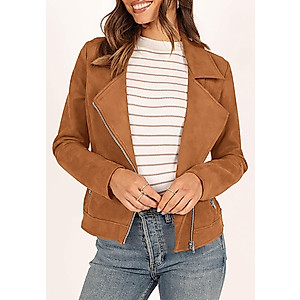 PRETTYGARDEN Womens Winter Faux Suede Motorcycle Jacket Long Sleeve Zipper Pockets Short Coat Y2K Fashion Dressy Outerwear (Brown,X-Large)