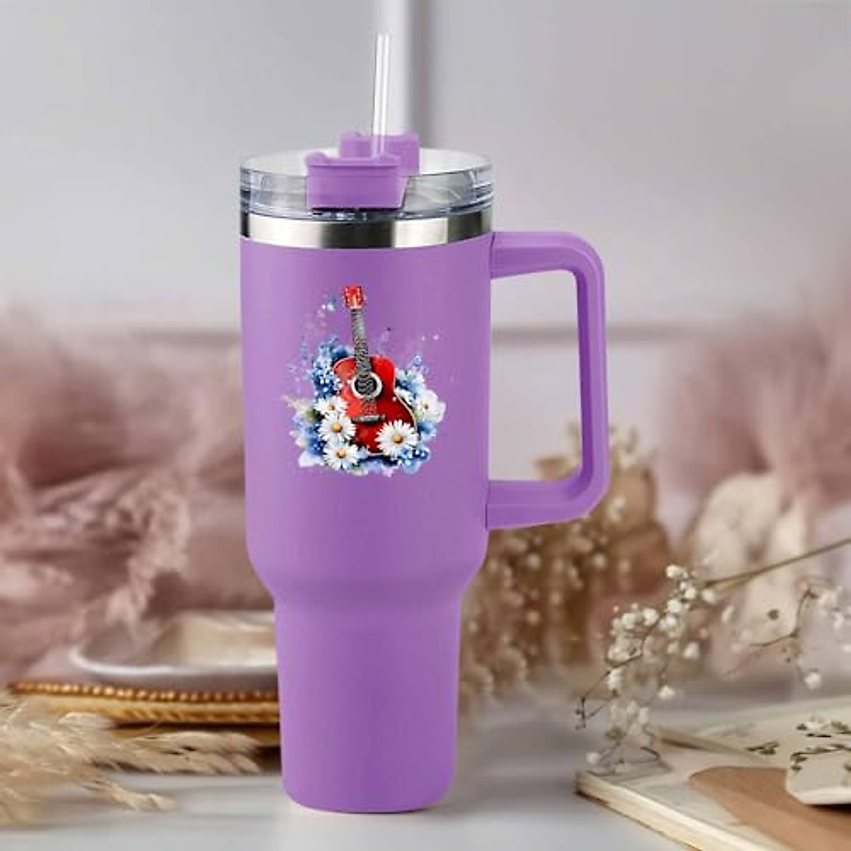 LB LEOBON 40 ounce insulated cup with handle, double-layer vacuum stainless steel material, equipped with straw, can keep warm or maintain cold drinks Daisy Guitar Deep purple