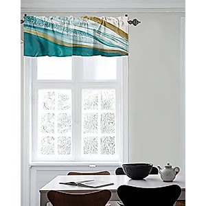 Abstract Curtain Valance for Window,Kitchen Rod Pocket Short Curtains Panel Turquoise White Gold Marble Texture Windows Treatment Drapes for Bathroom Living Room Decor 42x12In Stone Fluid Art