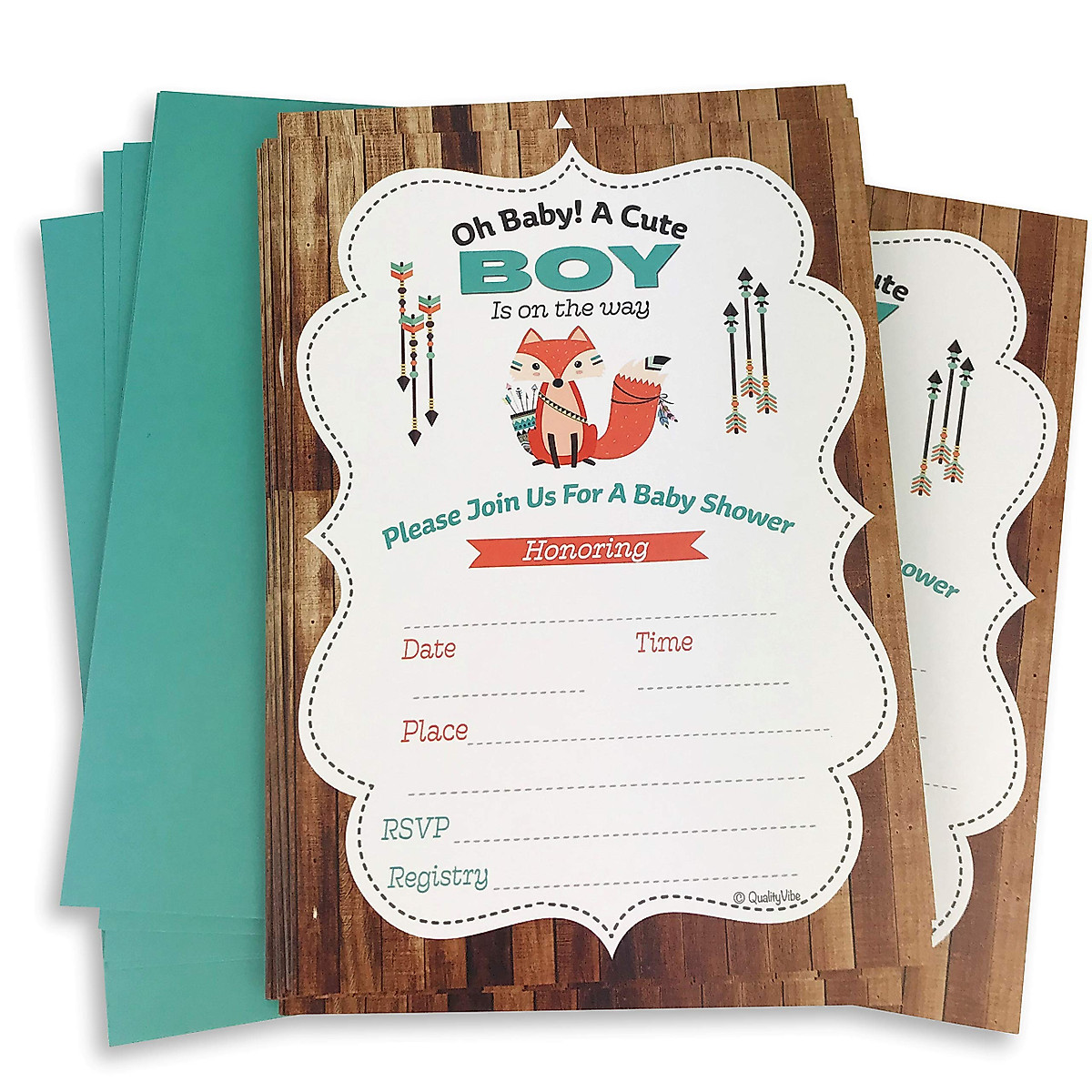 Baby Shower Invitations Woodland, Little Fox for Baby boy Shower. Set of 25 Full Color Invitations Include 25 envelopes. Quality & Heavy 14 pt. Paper Matte 5" x 7" with A7 White envelopes Included.