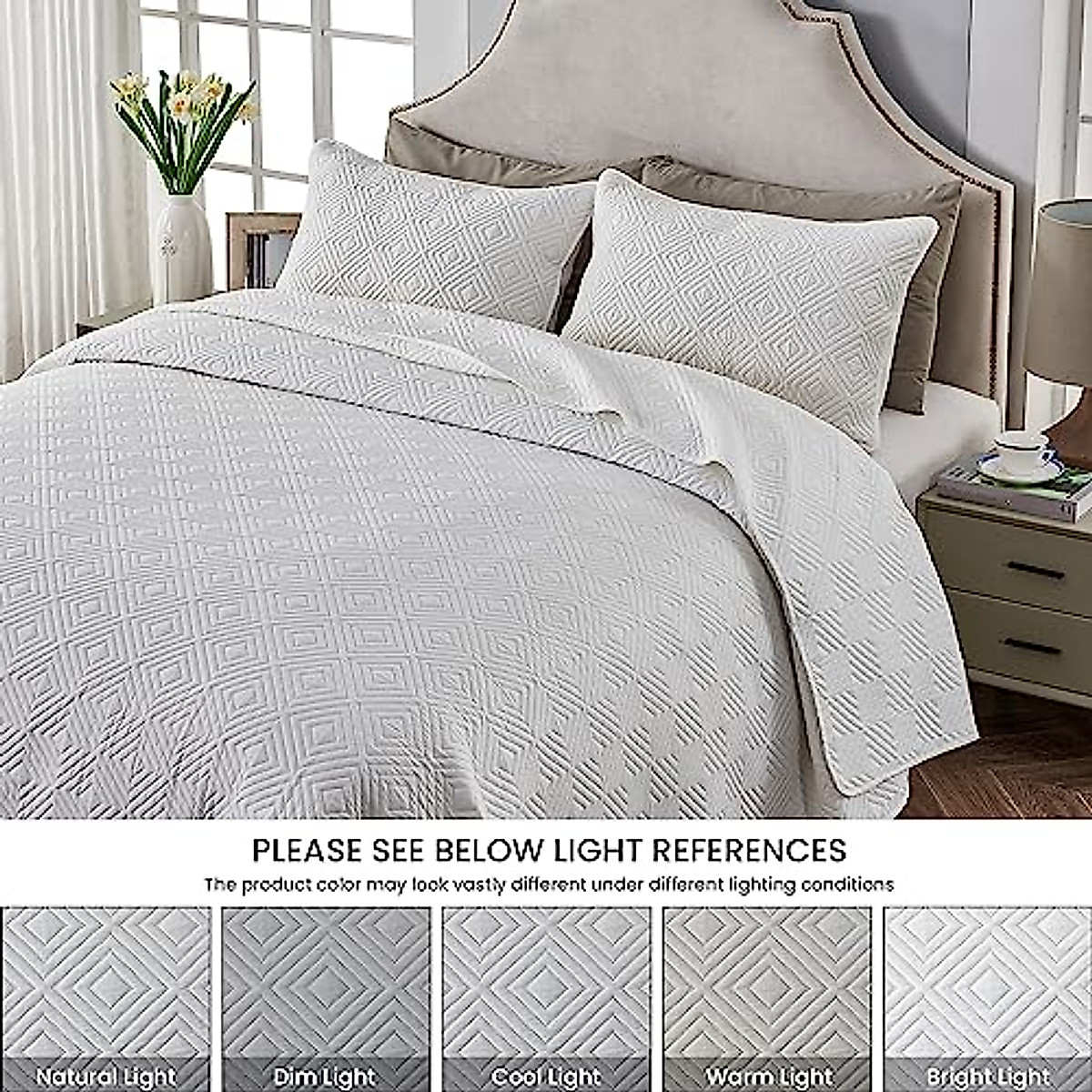 Qucover White Quilt Set California King, Soft Microfiber King Size Quilt Sets Oversized, 3D Ultrasonic Geometric Pattern Lightweight Summer Cal King Quilt 118x106, and 2 Pillow Shams