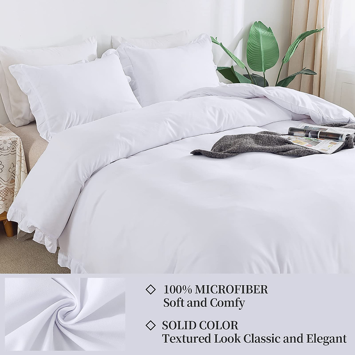 Andency White Ruffle Duvet Cover Full(79x90Inch), 3 Pieces Farmhouse Shabby Chic Ruffled Duvet Cover, Soft Microfiber Duvet Cover Set with Zipper Closure, Corner Ties