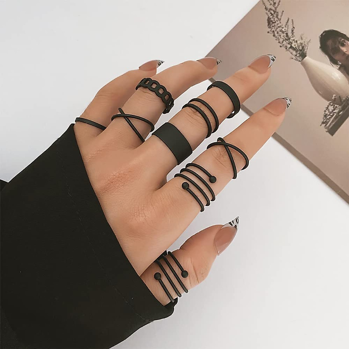 Black Rings for Women, Vintage Stackable Black Knuckle Rings Set Women Midi Rings Boho Crystal Pearl Sea Wave Finger Ring Pack (E-black-9pcs)