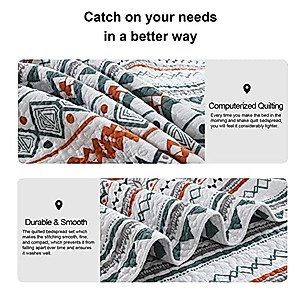 PANGUSHAN Queen Size Quilt Set, 100% Cotton, Reversible Striped Geometric Quilt, Lightweight Comforter, Bohemian Bed Spread, White/Orange/Green