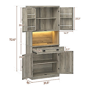 UPOSOJA Farmhouse Kitchen Pantry Cabinet with Operation Table, 72.6" Storage Cabinet with LED Lights and Power Strip, Adjustable Shelves for Dining Room, Bathroom, Living Room (White Brown)