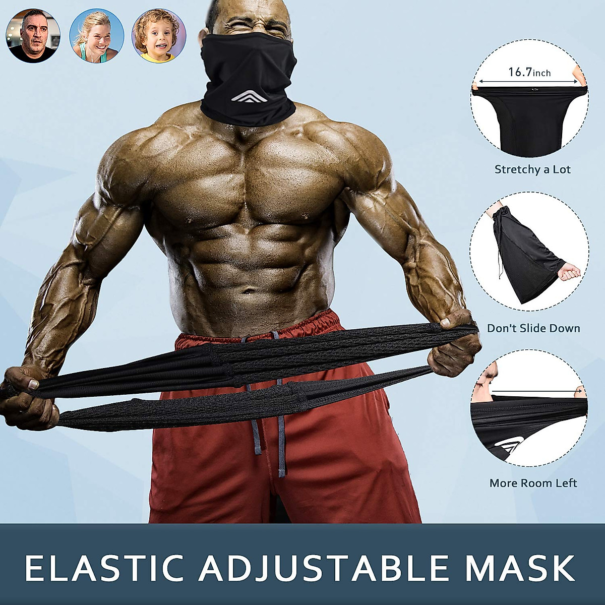 Vitscan Adjustable Neck Gaiters Face Mask UV Proof Protection Dust Cycling Mask Balaclava Scarf Face Mask Breathable Bandana Mask Face Coverings for Men Women Headbands Blue Grey