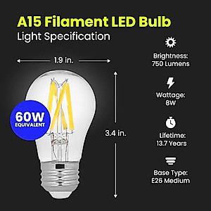 Feit Electric A15 LED Light Filament Bulb, 60W Equivalent, Dimmable, E26 Base, 2700K Soft White, Clear Glass Vintage Edison Light Bulb for Home, Office, 13-Year Lifetime, BPA1560927CAFIL2RP/6, 12 Pack