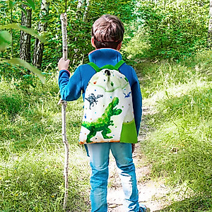 WAWSAM Dinosaur Kids Drawstring Backpack - Waterproof String Backpack Gym Bag for Boys Portable Lightweight Backpack Sport Beach Travel Swim Sackpack with Zipper Pocket Water Bottle Pocket