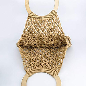 QTKJ Boho Women's Summer Beach Straw Crochet Bag Hollow Out Hand-Woven Cotton Tote Bag Purse with Wooden Round Handle (Khaki)