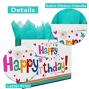 Qirrmiy 16.5” Extra Large Gift Bag Set with Greeting Card and Green Tissue Paper(Cute ‘Happy Birthday’) for Baby Shower,Kids Birthday Party,Men and Women, Newborn,New Moms or Parents, and More
