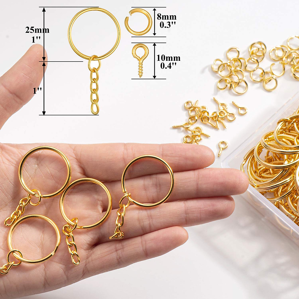 100Pcs Keychain Rings 1 Inch/25mm Gold Key Chain Rings with 100Pcs Jump Rings and 100Pcs Screw Eye Pins Bulk for Crafts