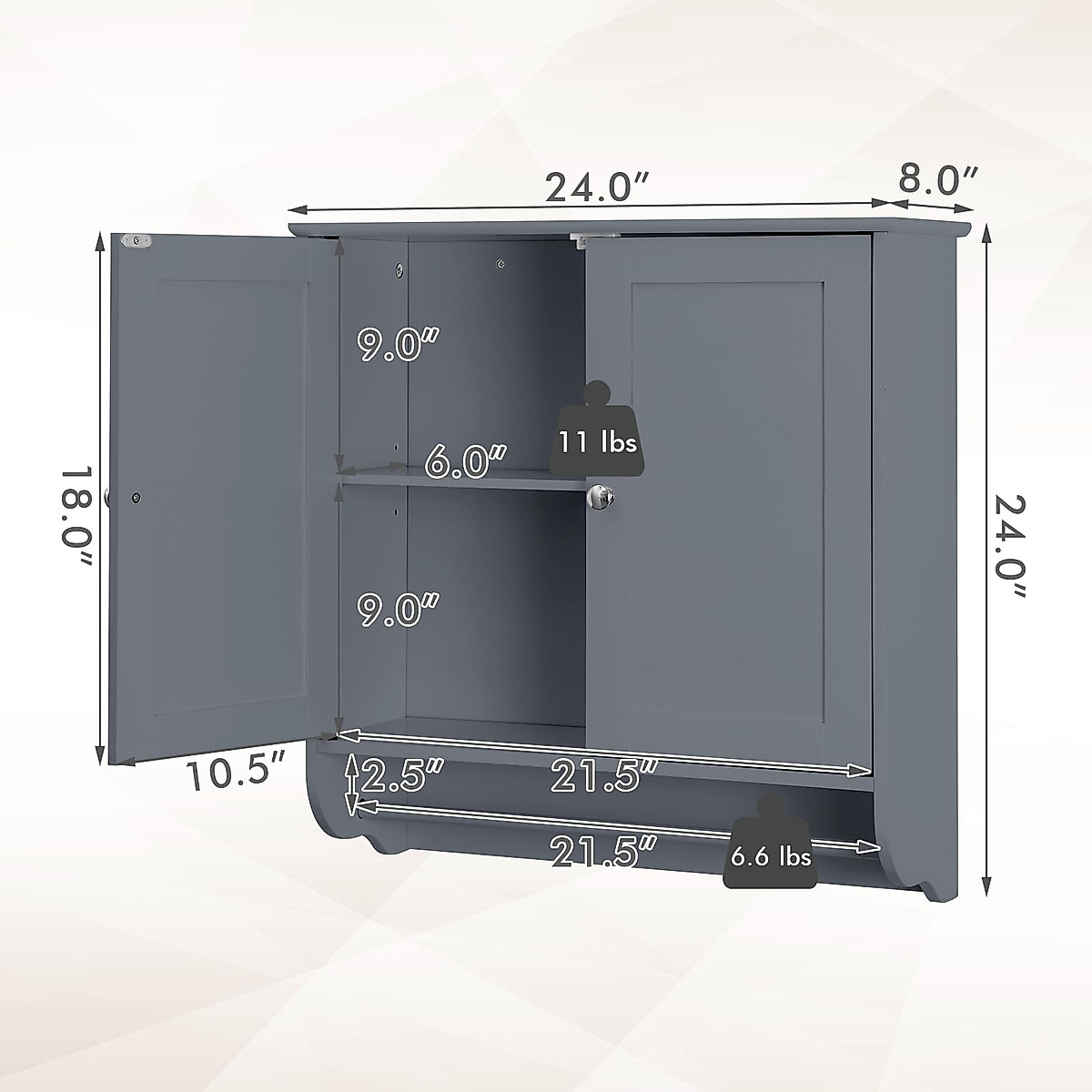 Tangkula Bathroom Cabinet Wall Mounted, Bathroom Medicine Cabinet with Bar&Double Door&Adjustable Shelf, Over The Toilet Storage Cabinet, Hanging Cabinet for Bathroom Laundry Kitchen (Gray)