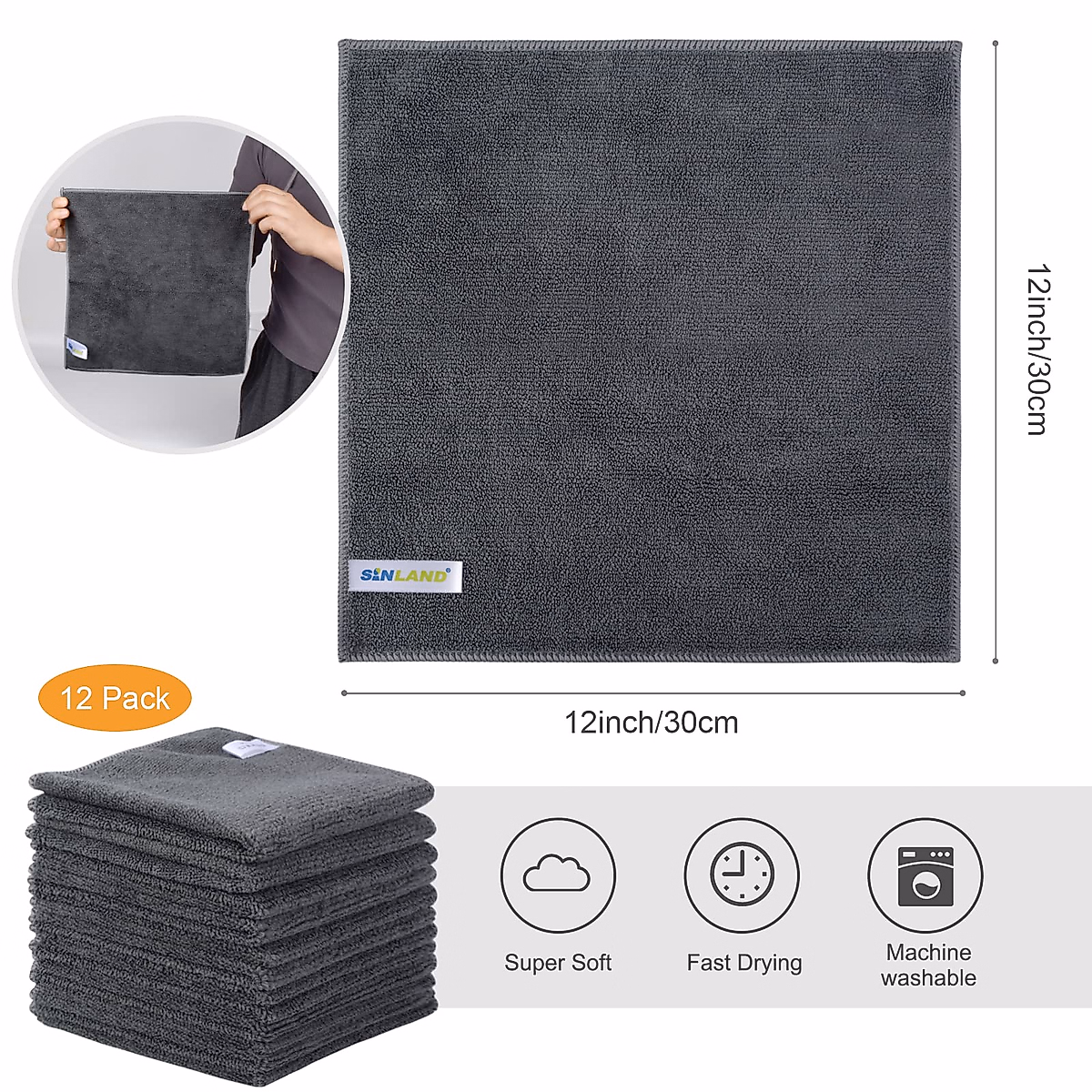 SINLAND Microfiber Cleaning Cloth Rag Super Absorbent Kitchen Dish Cloths Quick Dry No Streak Dish Rags Glass Cloths 12inchx12inch 12 Pack Grey