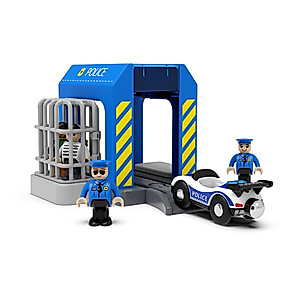 Wooden Train Tracks Accessories, Train Set Piece of Police Station Compatible with All Railroad Track Collection, Train Toys Expansion Pack for Kids Ages 3 and Up.