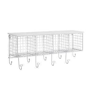 Linon Four Cubby Metal Wall Shelf with Top Shelf and 9 Hooks in White