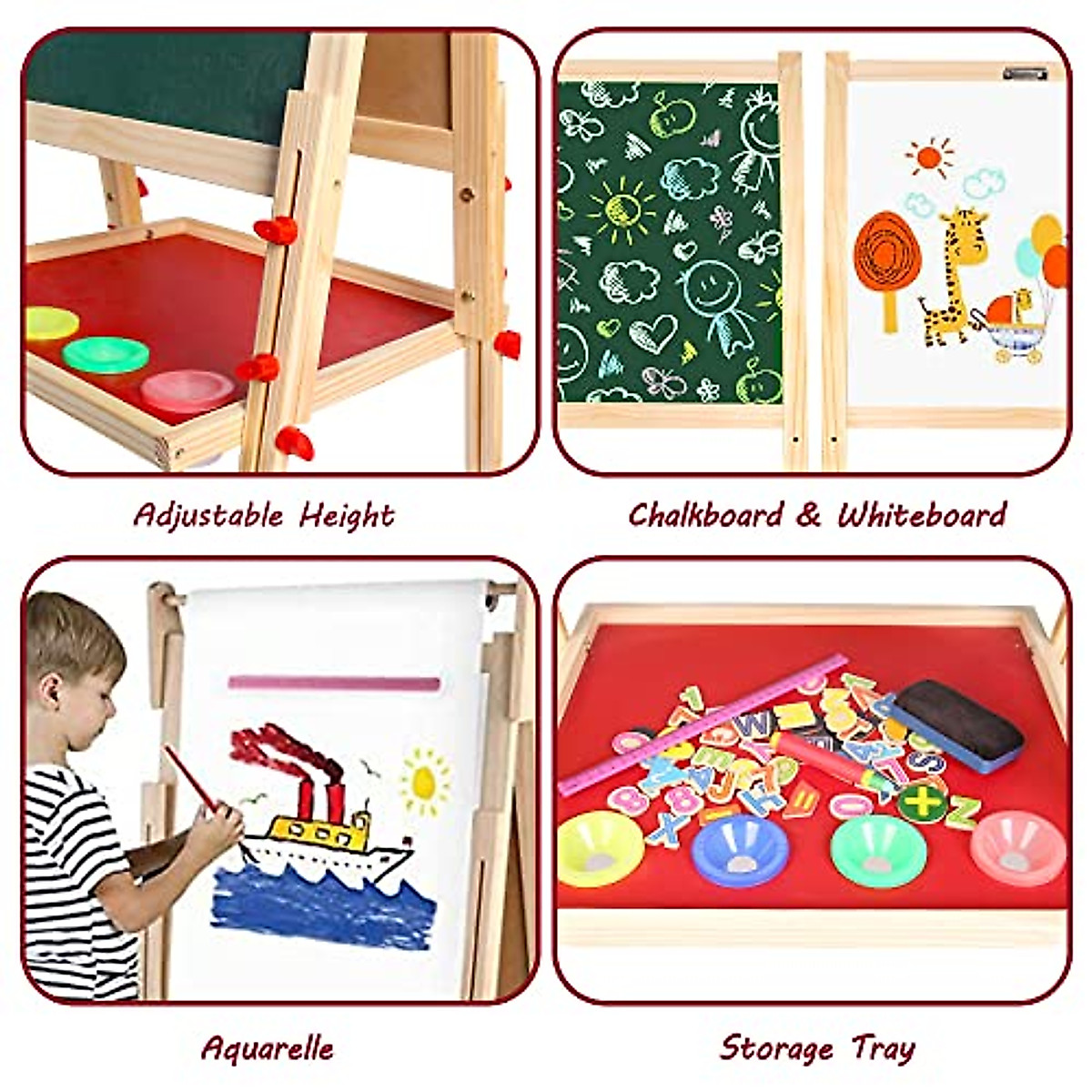 Kids Wooden Art Easel Double-Sided Whiteboard and Chalkboard Adjustable Standing Easel with Paper Roll Holder,Letters and Numbers Magnets and Other Accessories Gift for Kids Toddlers Boys and Girls