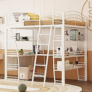 Merax Full Size Loft Bed with 4 Layers of Shelves and L-Shaped Desk, Stylish Metal Frame Bed with a Set of Sockets, USB Ports and Wireless Charging, White