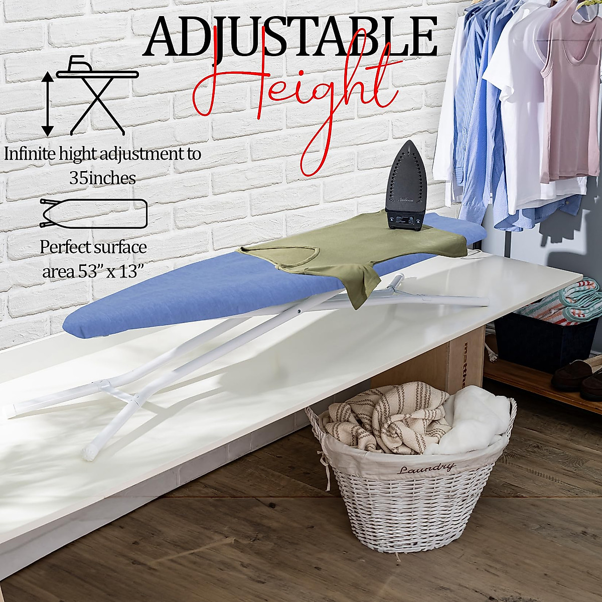 Tidy Zebra Compact Ironing Board Full Size MADE IN THE USA – 4 LEG Extra Durable & Sturdy Ironing Boards with Thick Iron Board Cover – Foldable Ironing Board for Easy Storage Height Adjustable (13x53)