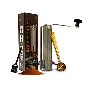 Suneville Manual Stainless Steel Coffee Grinder & Coffee Maker Accessories - Fine to Coarse Grinding Settings - Espresso Tools with Portable Hand Coffee Grinder, Golden Clipper Spoon & Black Brush