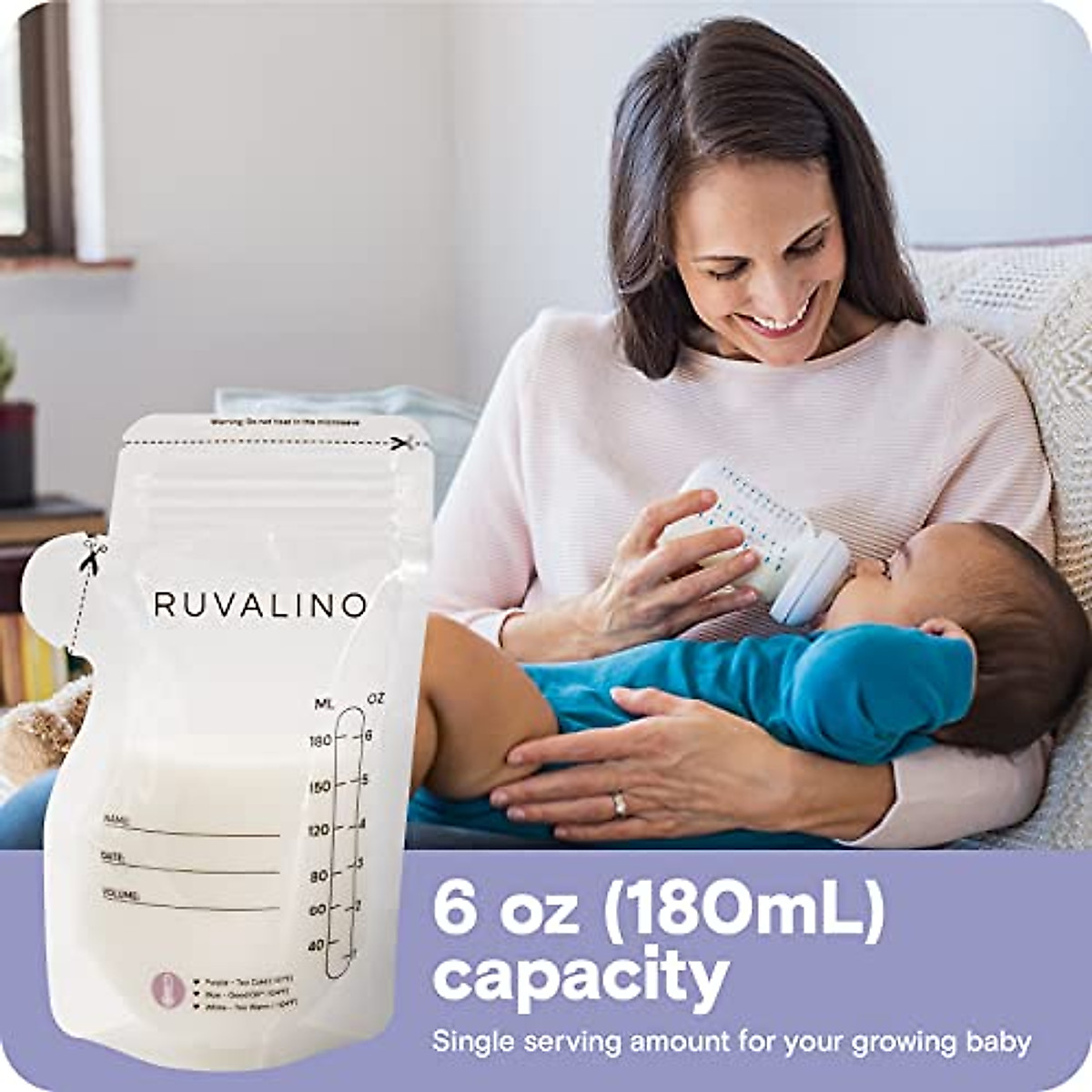 Breastmilk Storage Bag, RUVALINO Breastfeeding Essentials Breast Milk Storage Bags for Freezer, 150 Count, Temp-Sense Spot, Easy Pour Spout, Hygienically Double-Sealed, Self Standing&Lay Flat, 6 Oz
