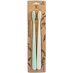 The Natural Family Co. Bio Toothbrush, Soft Nylon Bristles with Non GMO Cornstarch Handles, Plastic Free Packaging and Ivory Desert and Rivermint Twin Pack