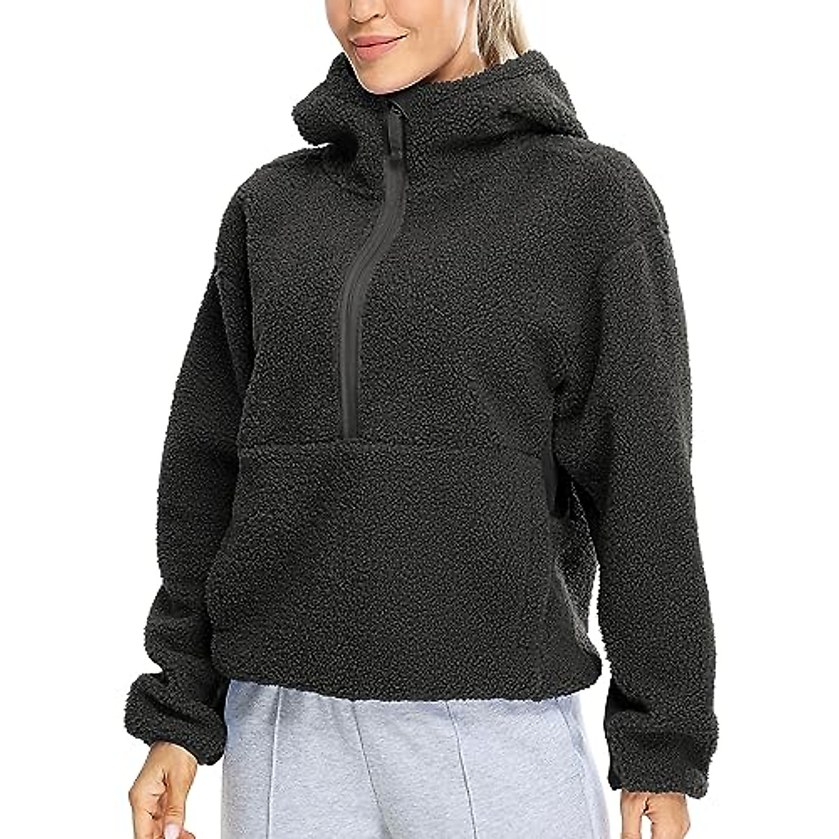 icyzone Women's Half Zip Hooded Sherpa Fleece Pullover Jacket, Oversized Warm Fuzzy Sweatshirt with Pockets (Black, L)