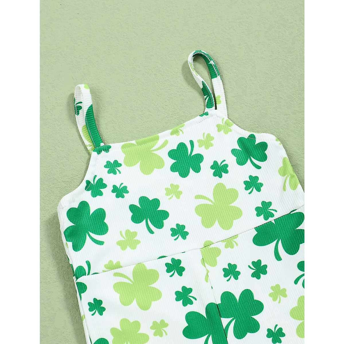 Sinda Toddler Baby Girl St. Patrick's Day Outfit Lucky Clover Print Sleeveless Bell-bottom Pants St.Patrick's Day Jumpsuit