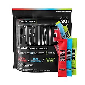 PRIME HYDRATION+ Sticks VARIETY PACK | Hydration Powder Single Serve Sticks | Electrolyte Powder On The Go | Low Sugar | Caffeine-Free | Vegan | 20 Sticks