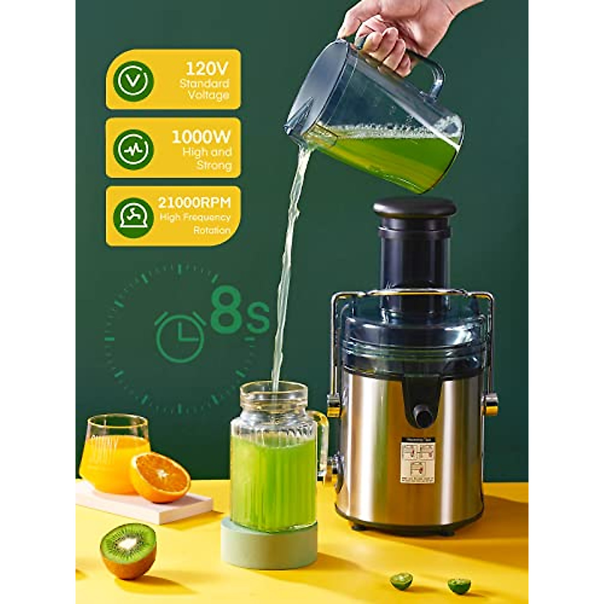 Juicer Machines, FOHERE 1000W Juicer Whole Fruit and Vegetables, Quick Juicing Easy to Clean, 75MM Large Feed Chute, Dual Speed Setting and Non-Slip Feet, Silver