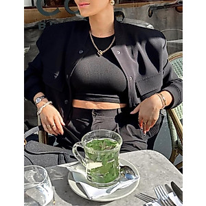 Aedceal Women's Cropped Bomber Jacket Button Down Stand Collar Varsity Coats Outerwears with Pockets(Black-M)