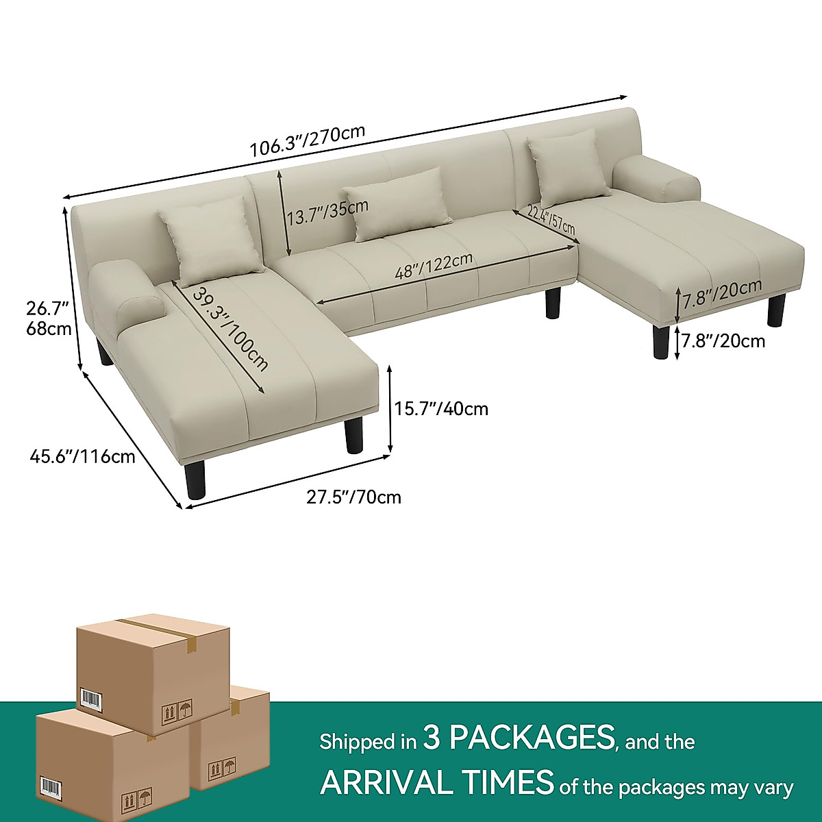 YITAHOMA Sectional Couches for Living Room, U Shaped Sofa Faux Leather Modern Modular Couch with USB & Type C Charging Ports Double Chaise and Comfy Upholstered, Beige