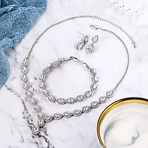 BriLove Wedding Bridal CZ Necklace Bracelet Earrings Jewelry Set for Women Teardrop Infinity Figure 8 Y-Necklace Tennis Bracelet Dangle Earrings Set Clear Silver-Tone April Birthstone
