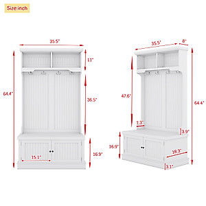 Polibi 64.4" Hall Tree with Top Shelves and Storage Bench Cabinet, Wood Storage Bench with 4 Hooks for Entryway, Living Room and Bedroom, White