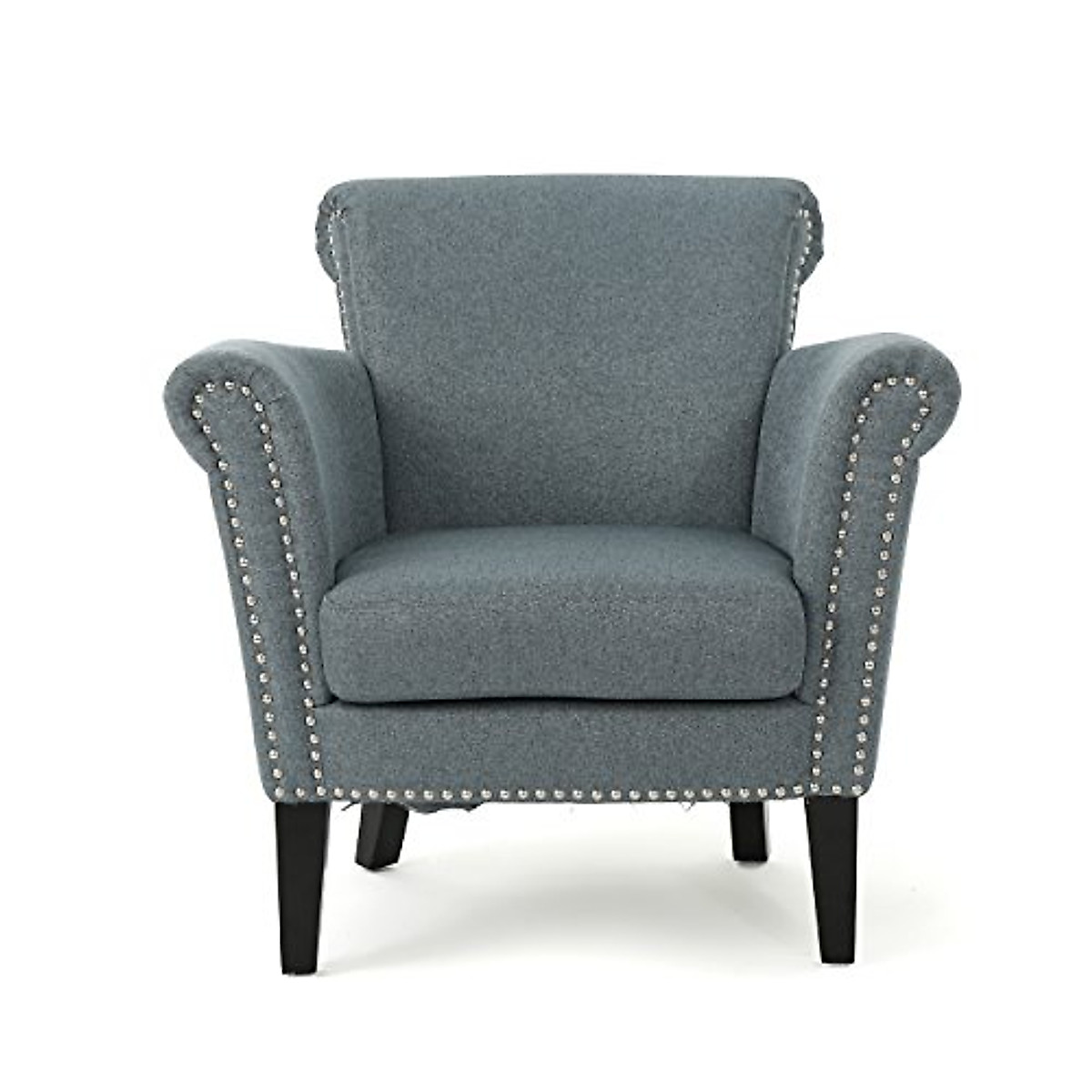 Christopher Knight Home Brice Vintage Scroll Arm Studded Fabric Club Chair, Steel Blue / Dark Brown
